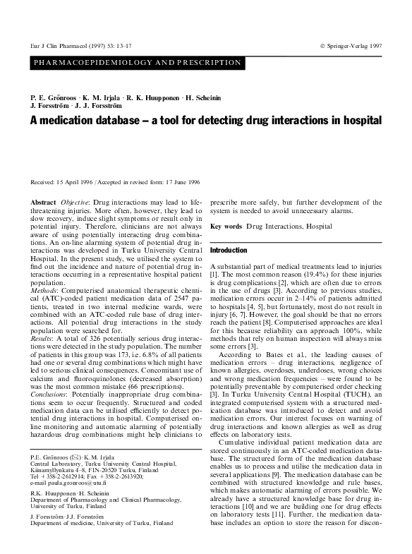 Pdf A Medication Database A Tool For Detecting Drug Interactions In Hospital
