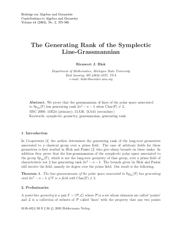 (PDF) The generating rank of the symplectic line-Grassmannian