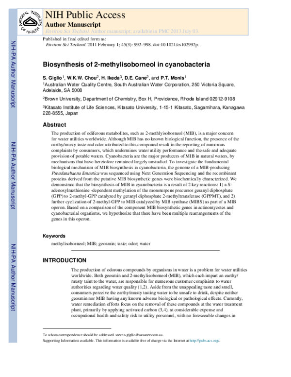 (PDF) Biosynthesis of 2-Methylisoborneol in Cyanobacteria