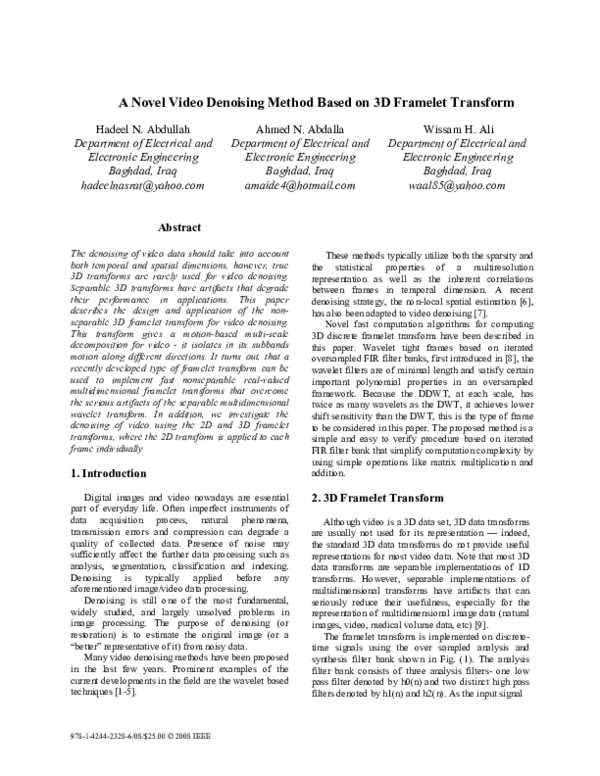 (PDF) A Novel Video Denoising Method Based on 3D Framelet Transform