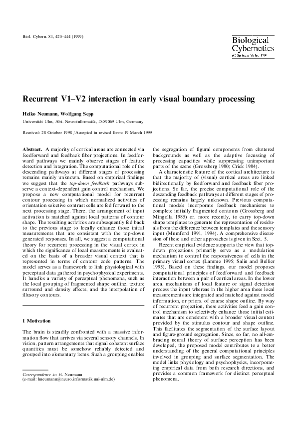 Pdf Recurrent V1 V2 Interaction In Early Visual Boundary Processing