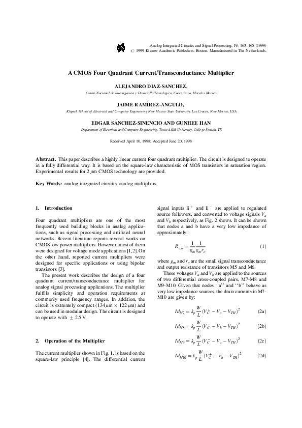 (PDF) A CMOS four quadrant current/transconductance multiplier