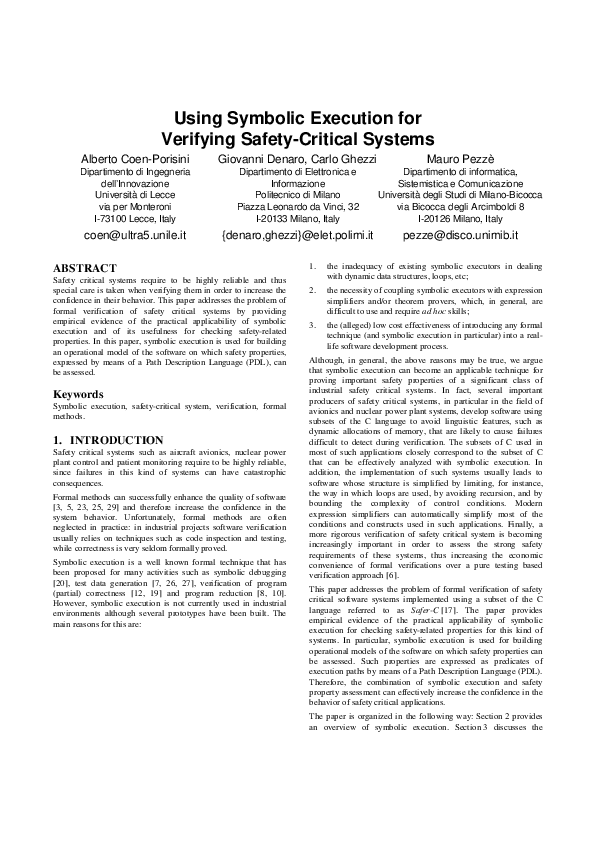 (PDF) Using symbolic execution for verifying safety-critical systems