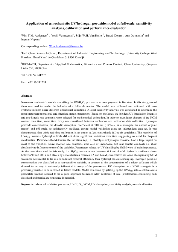 (PDF) Application of a mechanistic UV/hydrogen peroxide model at full ...