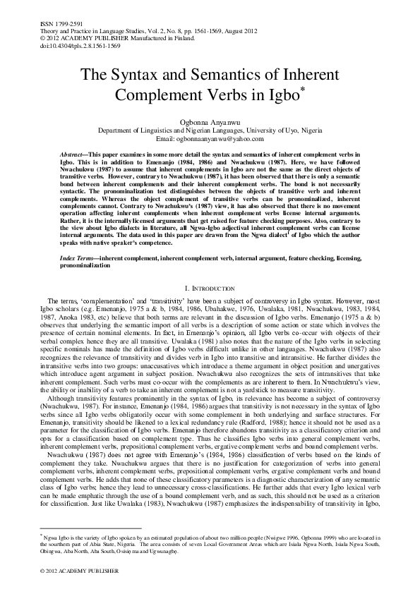Pdf The Syntax And Semantics Of Inherent Complement Verbs In Igbo
