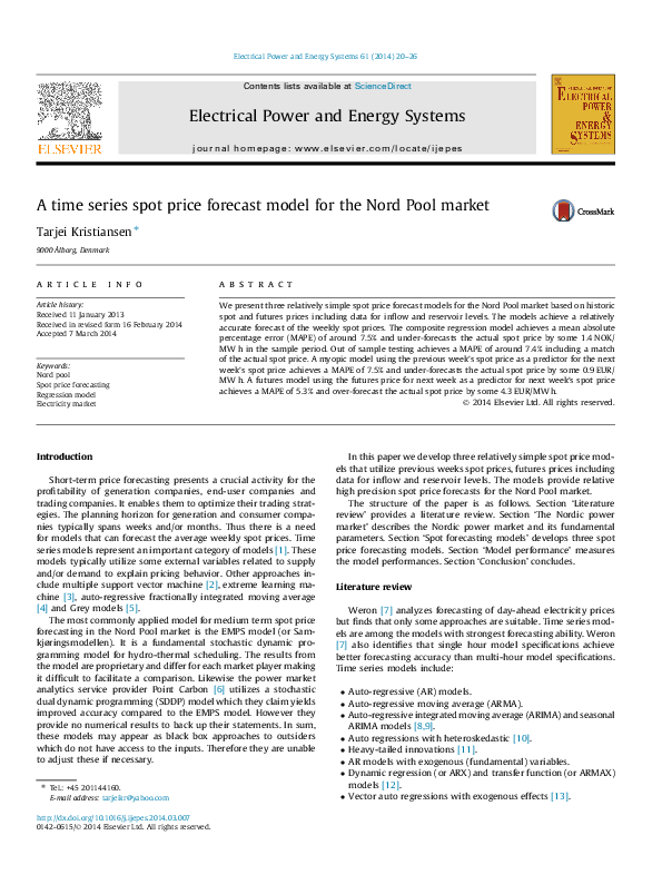 (PDF) A time series spot price forecast model for the Nord Pool market