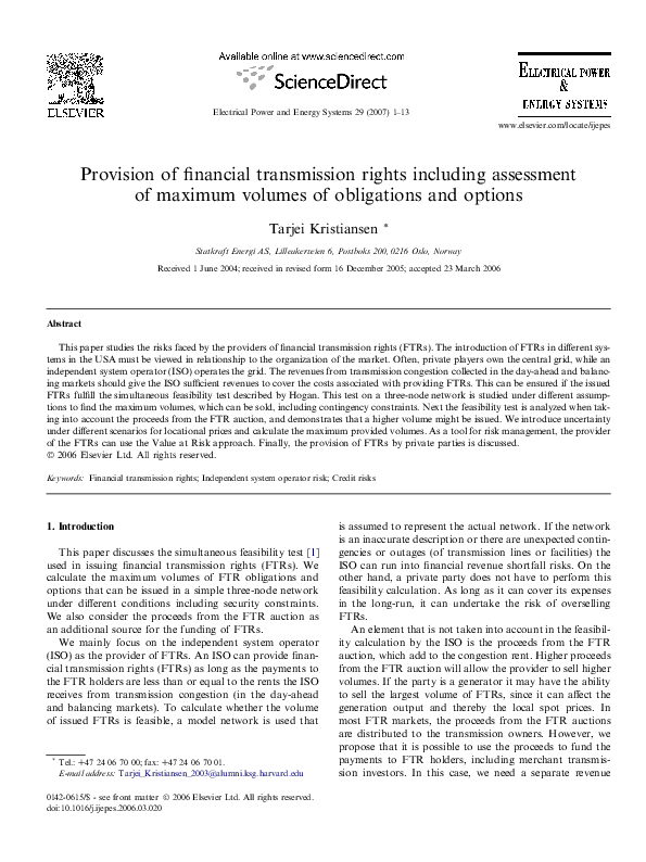 (PDF) Provision of financial transmission rights including assessment ...