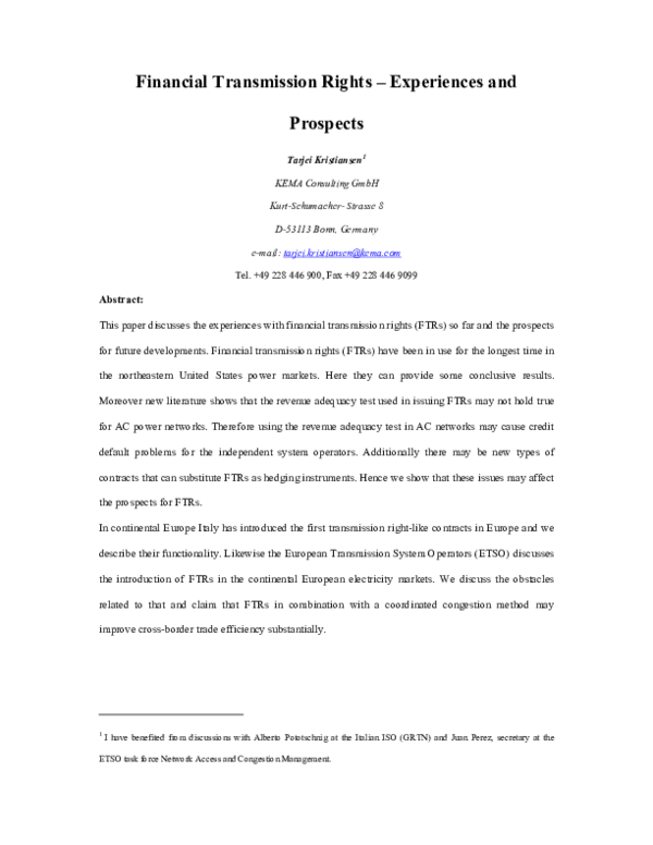 (PDF) Financial transmission rights–experiences and prospects | Tarjei ...