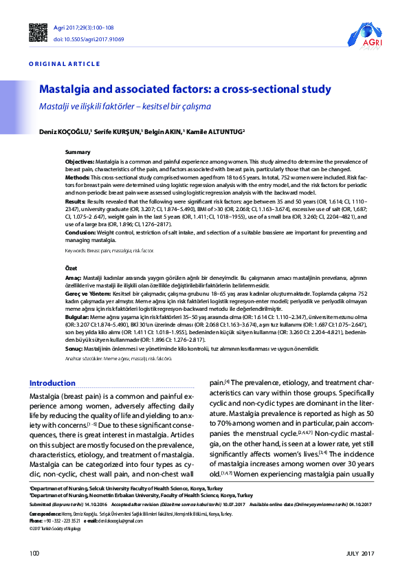 (PDF) Mastalgia and Related Factors- A Cross Sectional Study