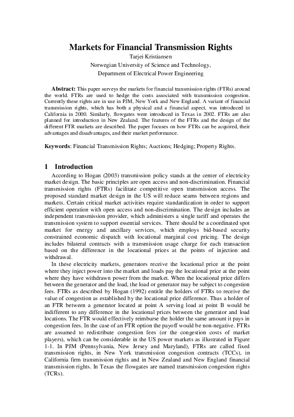 (PDF) Markets for Financial Transmission Rights