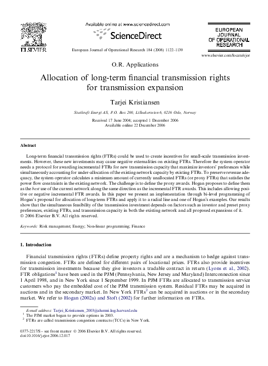(PDF) Allocation of long-term financial transmission rights for ...