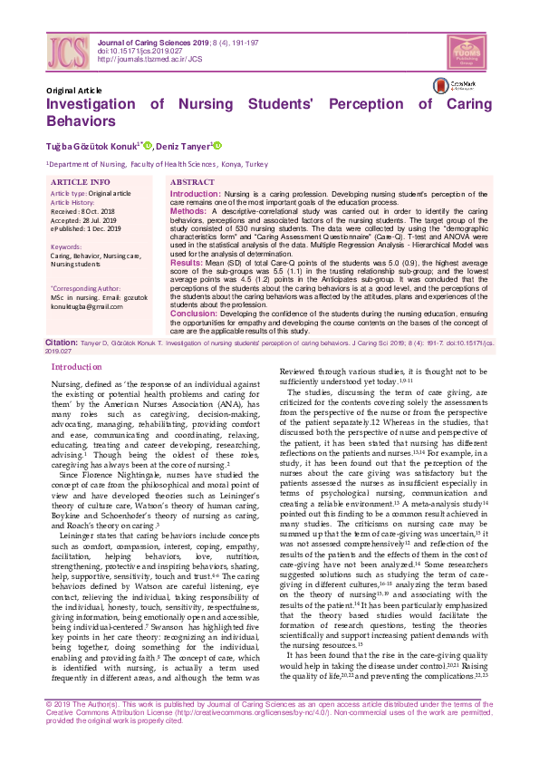 (PDF) Investigation of Nursing Students' Perception of Caring Behaviors