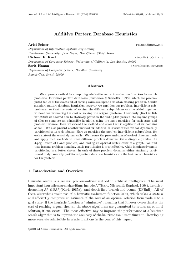 (PDF) Disjoint pattern database heuristics