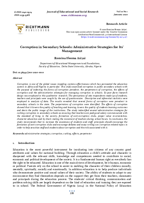 (PDF) Corruption in Secondary Schools: Administrative Strategies for ...