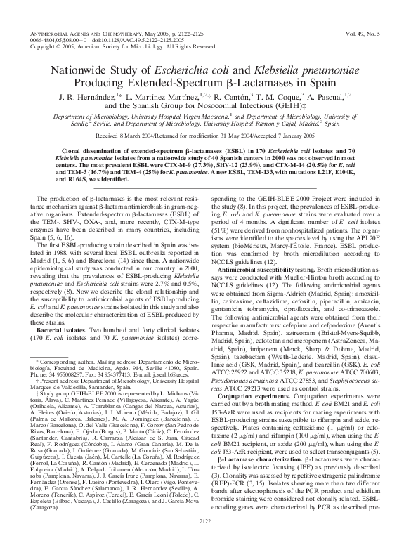 (PDF) Nationwide study of Escherichia coli and Klebsiella pneumoniae producing extended-spectrum ...