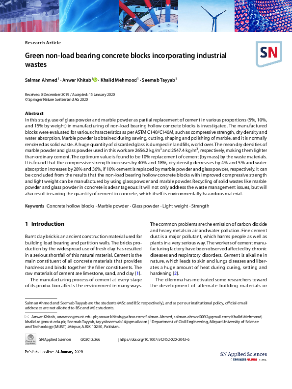(PDF) Green non-load bearing concrete blocks incorporating industrial ...