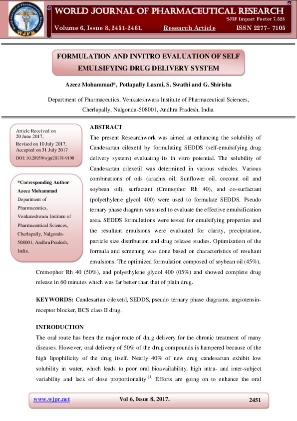 Pdf Formulation And Invitro Evaluation Of Self Emulsifying Drug