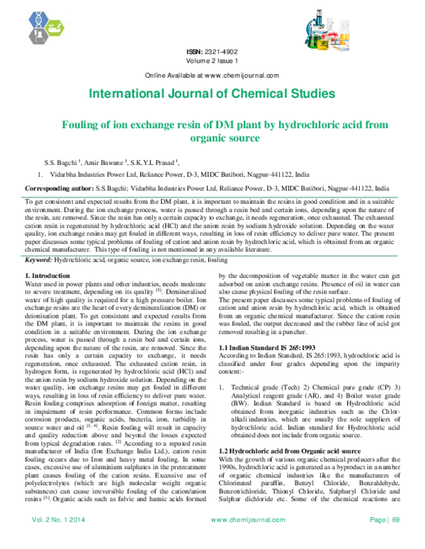 (PDF) Fouling of Ion Exchange Resin of DM plant by Hydrochloric Acid ...