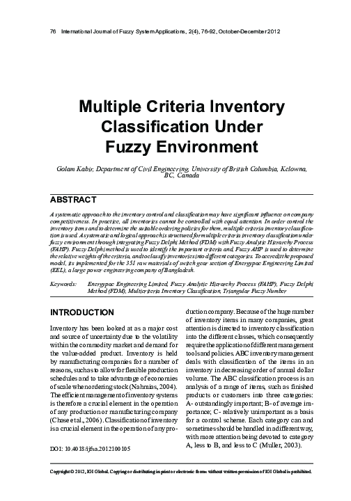 (PDF) Multiple Criteria Inventory Classification Under Fuzzy Environment