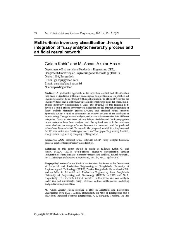 Pdf Multi Criteria Inventory Classification Through Integration Of Fuzzy Analytic Hierarchy