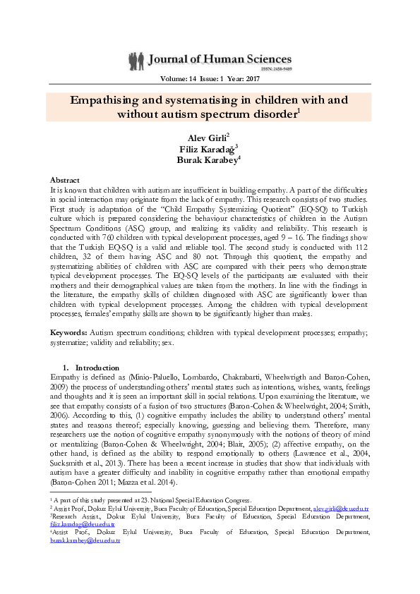 (PDF) Empathising and systematising in children with and without autism ...