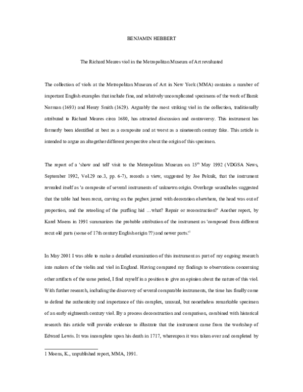 The Richard Meares Viol in the Metropolitan Museum of Art Revaluated