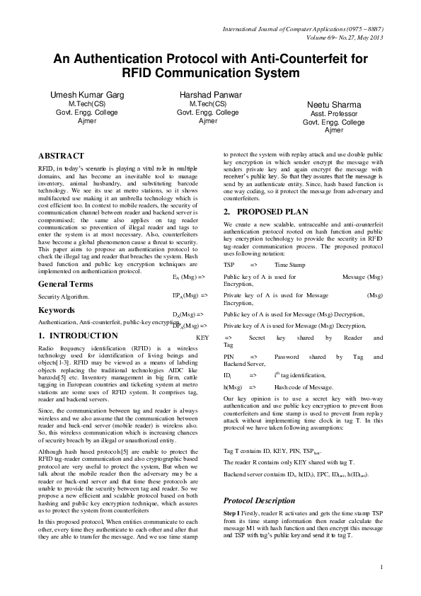 (PDF) An Authentication Protocol with Anti-Counterfeit for RFID Communication System