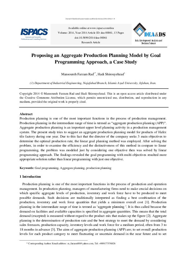 (PDF) Proposing an Aggregate Production Planning Model by Goal ...
