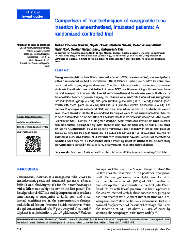 (PDF) Comparison of four techniques of nasogastric tube insertion in ...