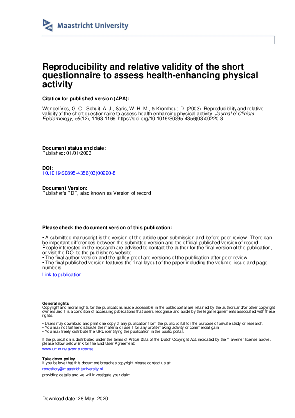 (PDF) Reproducibility and relative validity of the short questionnaire to assess health ...