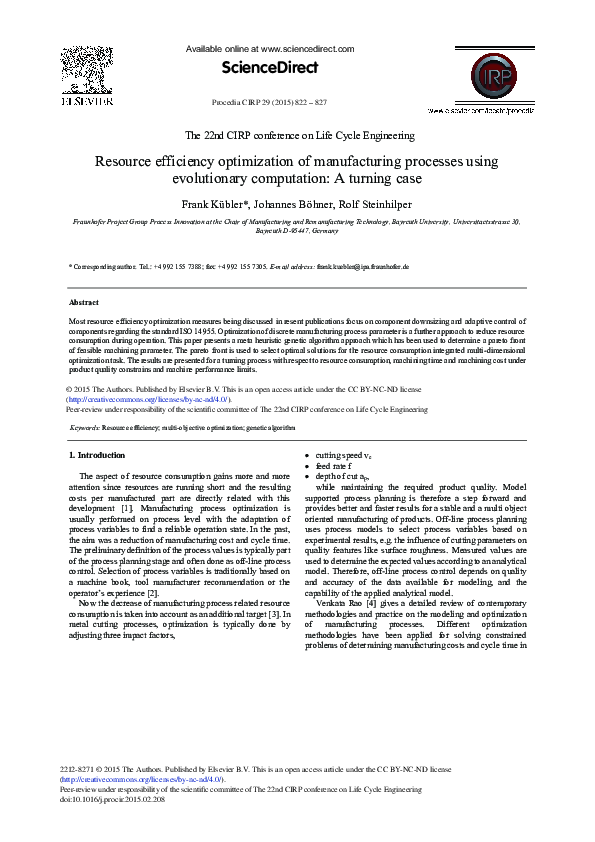 Pdf Resource Efficiency Optimization Of Manufacturing Processes Using Evolutionary Computation