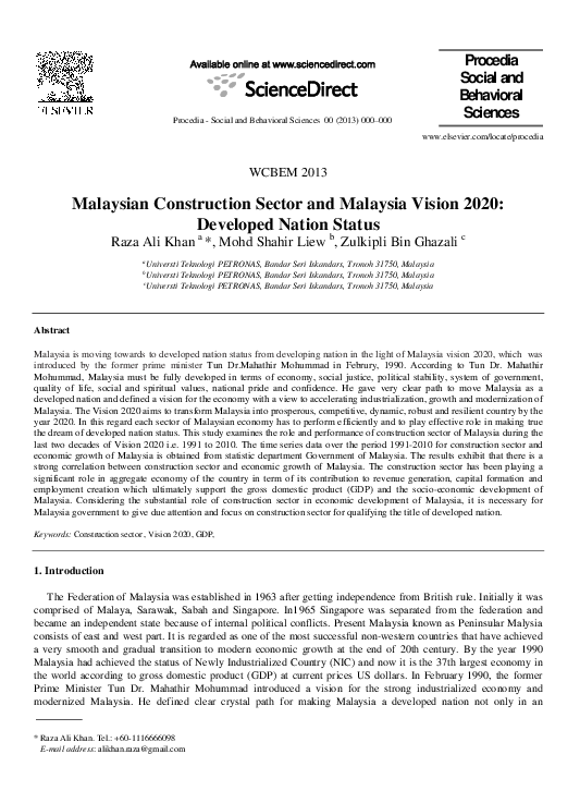 (PDF) Malaysian Construction Sector and Malaysia Vision 2020: Developed ...