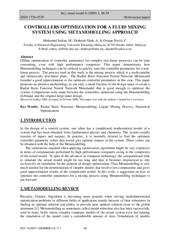 Pdf Controllers Optimization For A Fluid Mixing System Using Metamodelling Approach