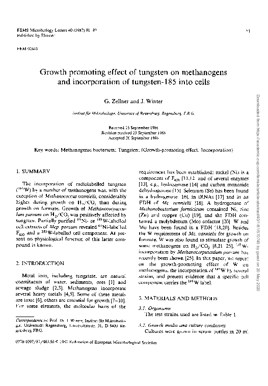 (PDF) Growth promoting effect of tungsten on methanogens and ...