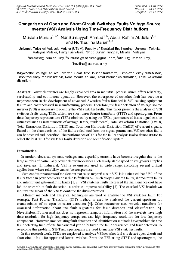 Pdf Comparison Of Open And Short Circuit Switches Faults Voltage Source Inverter Vsi