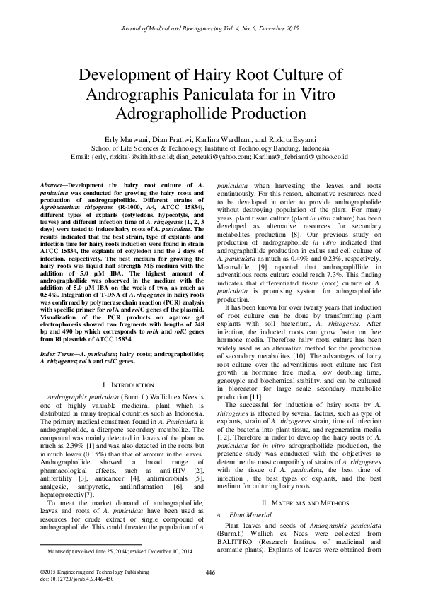 (PDF) Development of Hairy Root Culture of Andrographis Paniculata for ...