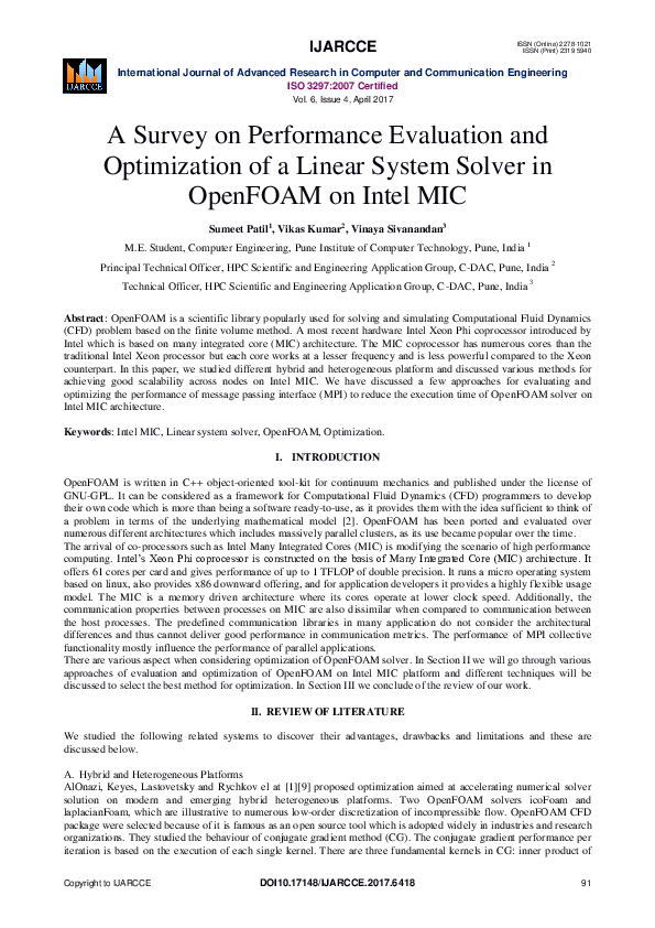 Pdf A Survey On Performance Evaluation And Optimization Of A Linear System Solver In Openfoam