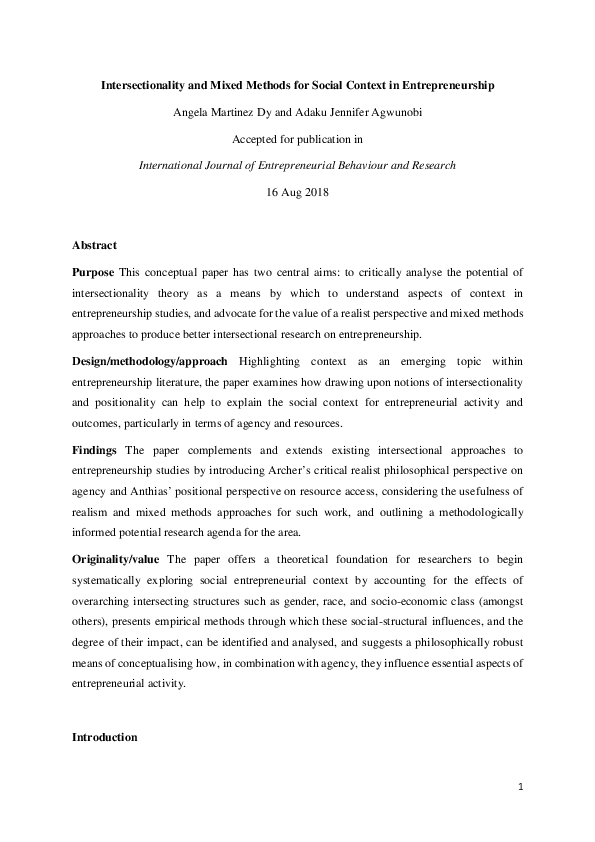 (PDF) Intersectionality and mixed methods for social context in entrepreneurship