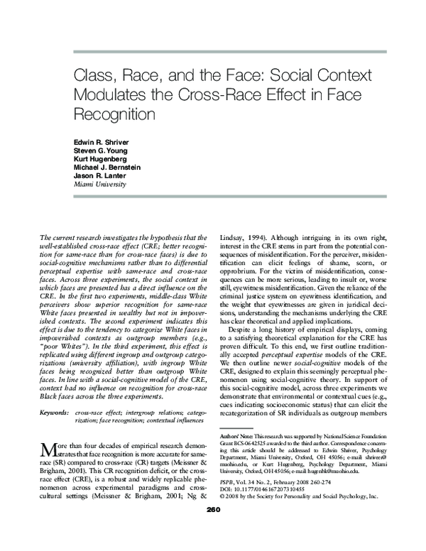 Pdf Class Race And The Face Social Context Modulates The Cross Race Effect In Face Recognition
