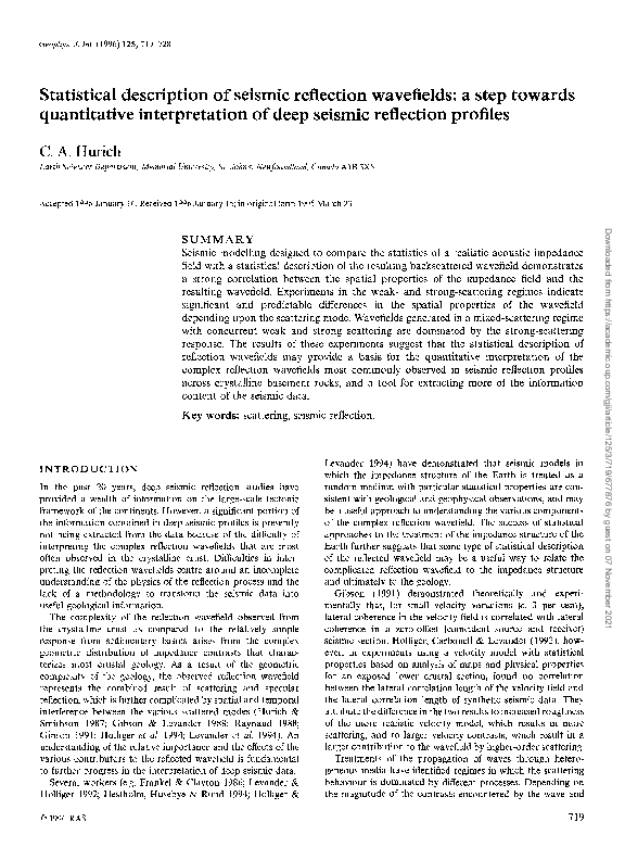Pdf Statistical Description Of Seismic Reflection Wavefields A Step Towards Quantitative
