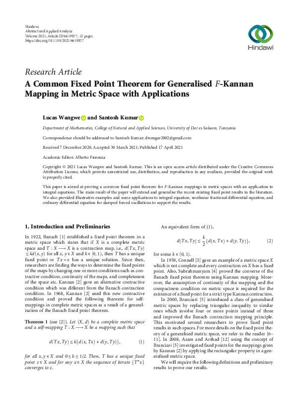 Pdf A Common Fixed Point Theorem For Generalised F Kannan Mapping In Metric Space With