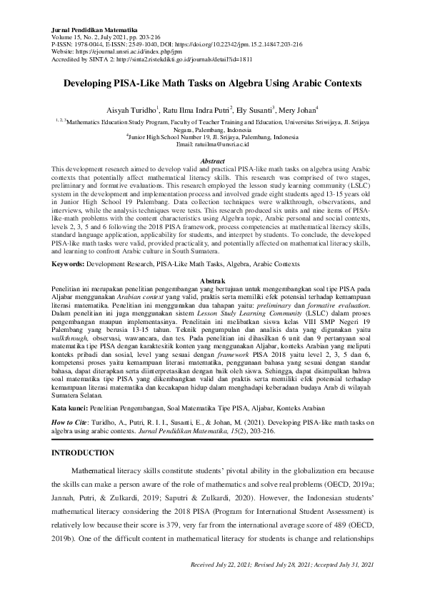 (PDF) Developing PISA-Like Math Tasks on Algebra Using Arabic Contexts