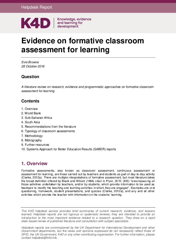 (PDF) Evidence on formative classroom assessment for learning