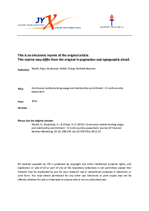 (PDF) Continuous mobile banking usage and relationship commitment – A multi-country assessment