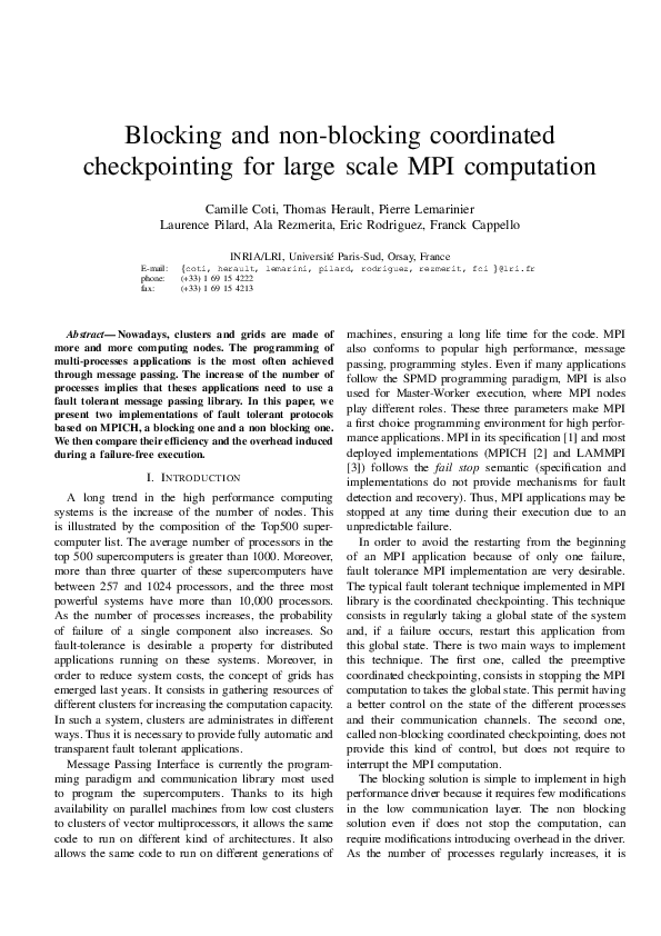 (PDF) Blocking and Non-Blocking Coordinated Checkpointing for Large Scale MPI Computation
