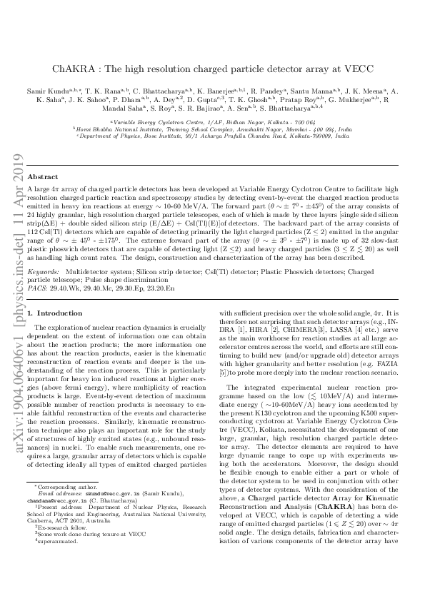 Pdf Chakra The High Resolution Charged Particle Detector Array At Vecc