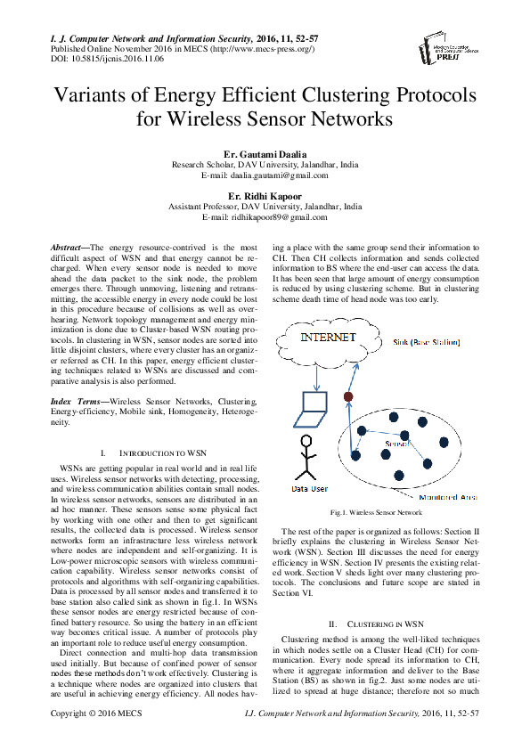 (PDF) Variants of Energy Efficient Clustering Protocols for Wireless Sensor Networks