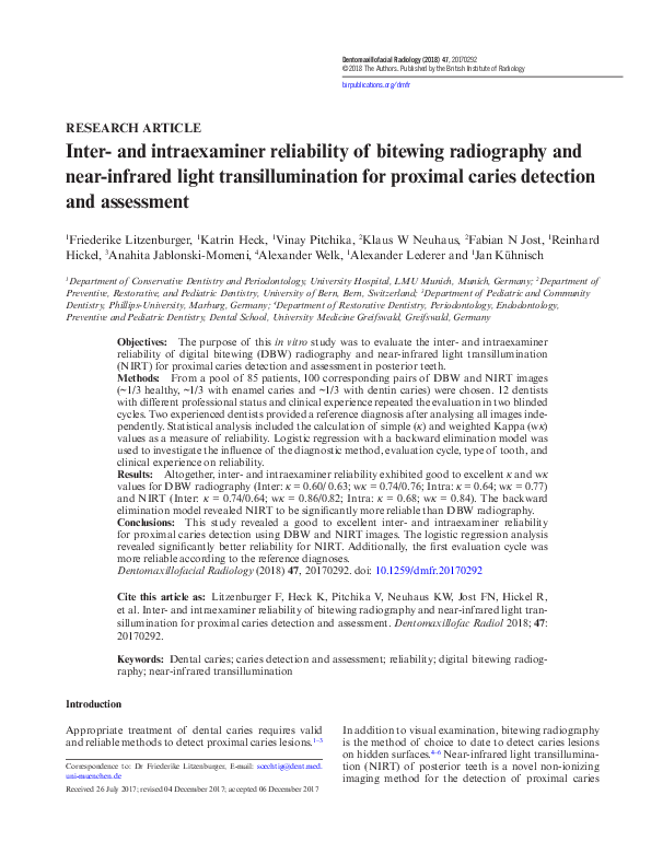 (PDF) Inter- and intraexaminer reliability of bitewing radiography and near-infrared light ...
