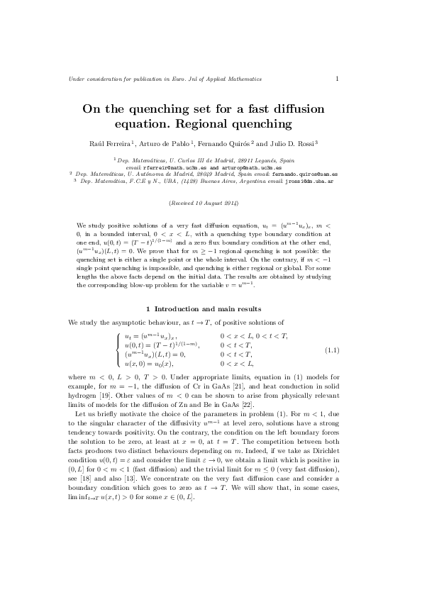 (PDF) On the quenching set for a fast diffusion equation: regional ...