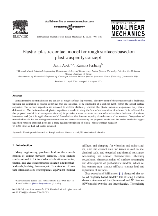 Pdf Elastic Plastic Contact Model For Rough Surfaces Based On Plastic Asperity Concept